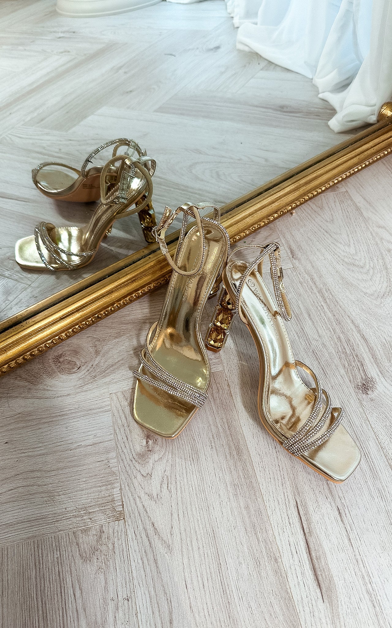 Horizon Heat Gold Crystal Embellished Gemstone Heel Design Strap Heels ...