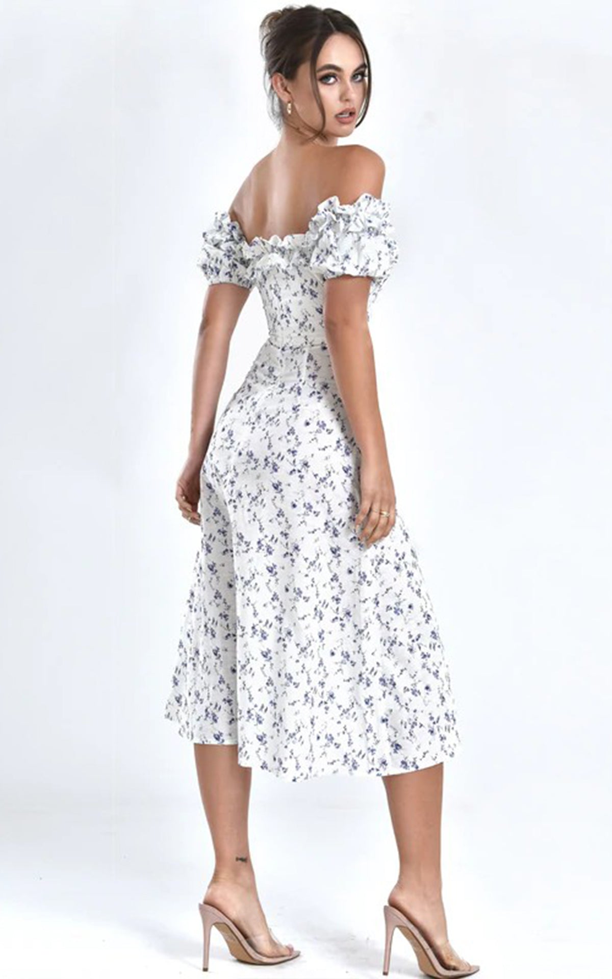 Pretty in Summer Quinley Floral Blue Print Off The Shoulder Puffy Slee ...
