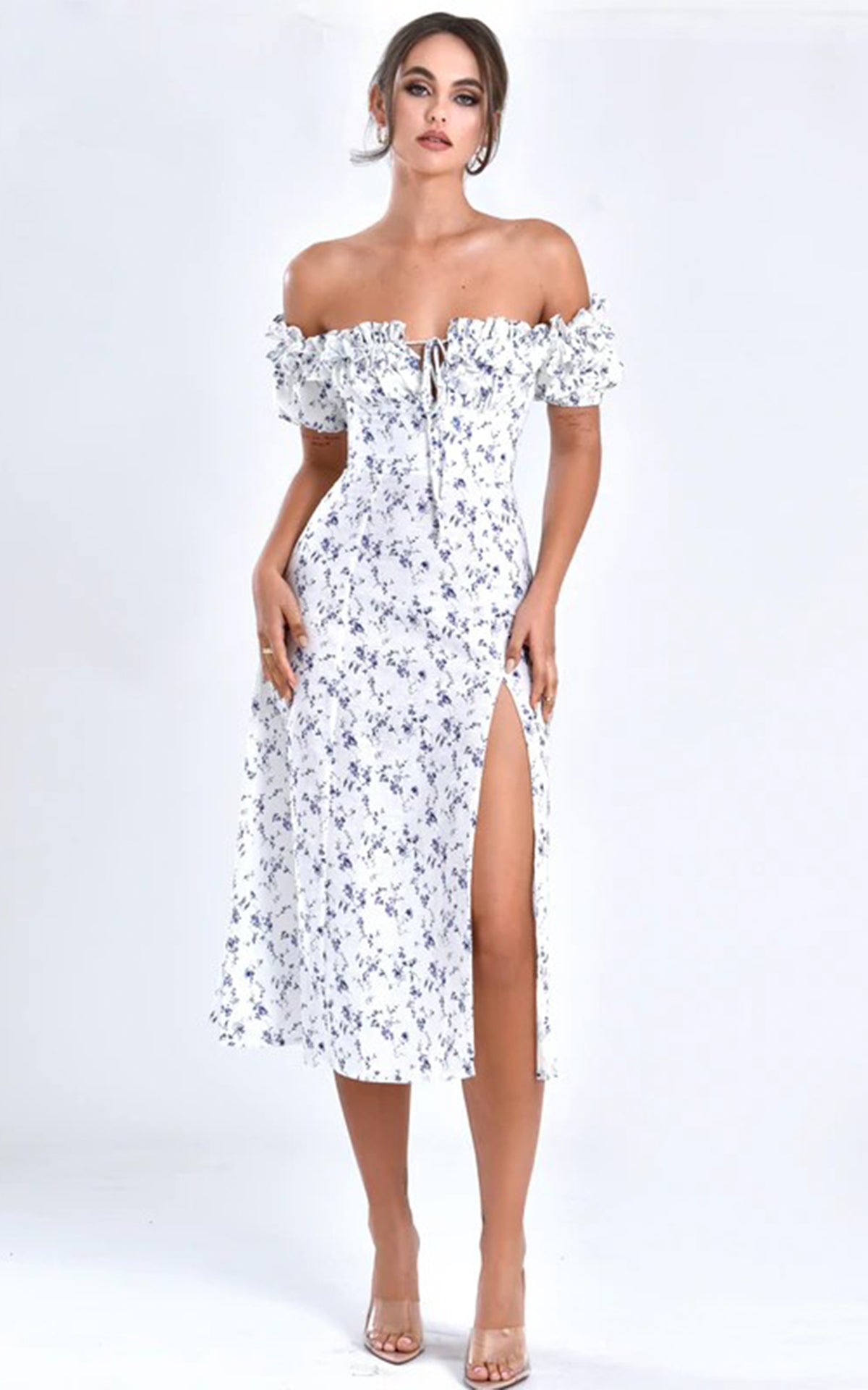 Pretty in Summer Quinley Floral Blue Print Off The Shoulder Puffy Slee ...